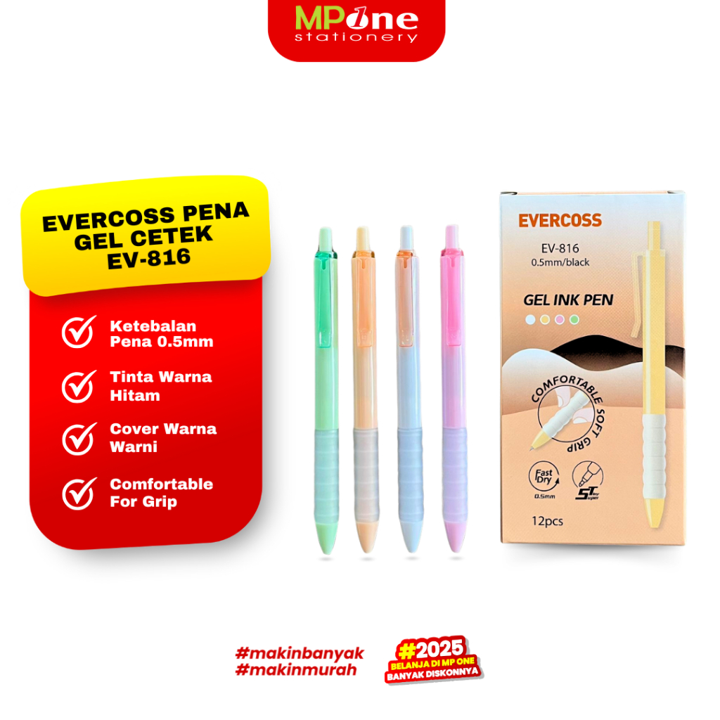 Jual (1 KOTAK) Evercoss Pena Gel Cetek 0.5mm EV-816 Tinta Hitam ...