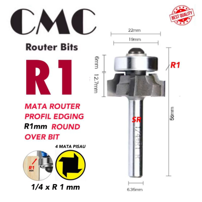 Jual Mata Router/ Profil Edging R 1mm 4 Mata Pisau/ Round Over Bits CMC ...
