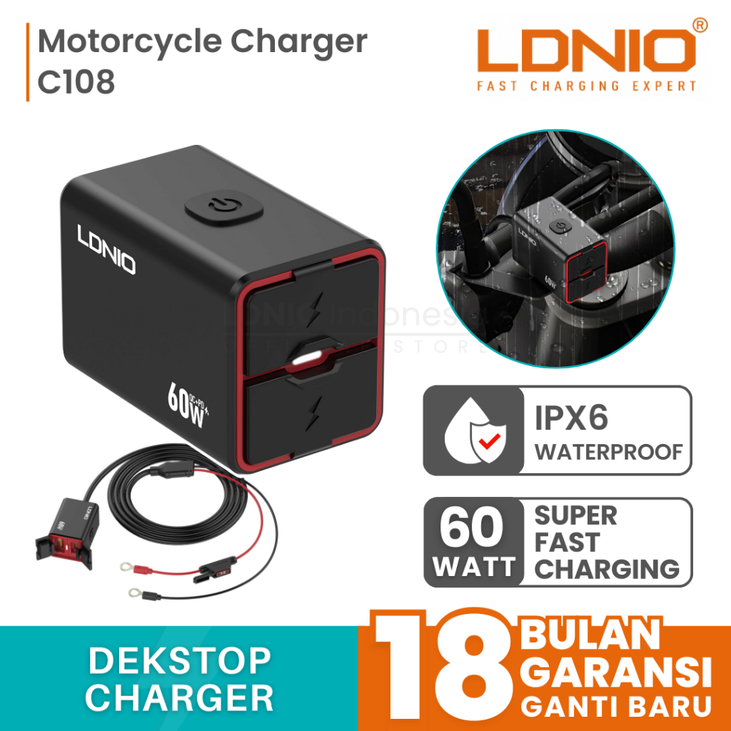 Jual LDNIO C108 60W Fast charger PD+QC3.0 IPX6 Waterproof Motorcycle ...