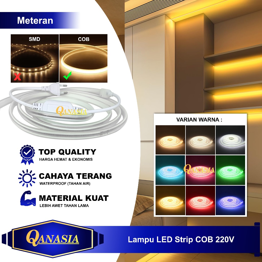 Jual Lampu LED Strip COB 220V - Waterproof Super Terang Per Meter Rumah ...