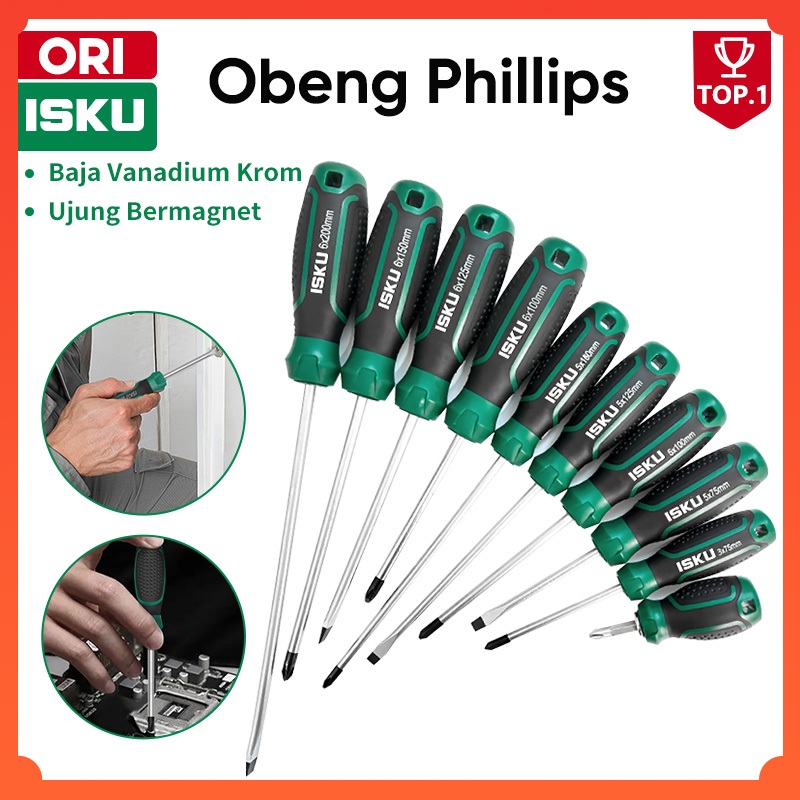 Jual ISKU Obeng Magnet Set Plus Minus Obeng Listirk Gangang Karet Anti ...