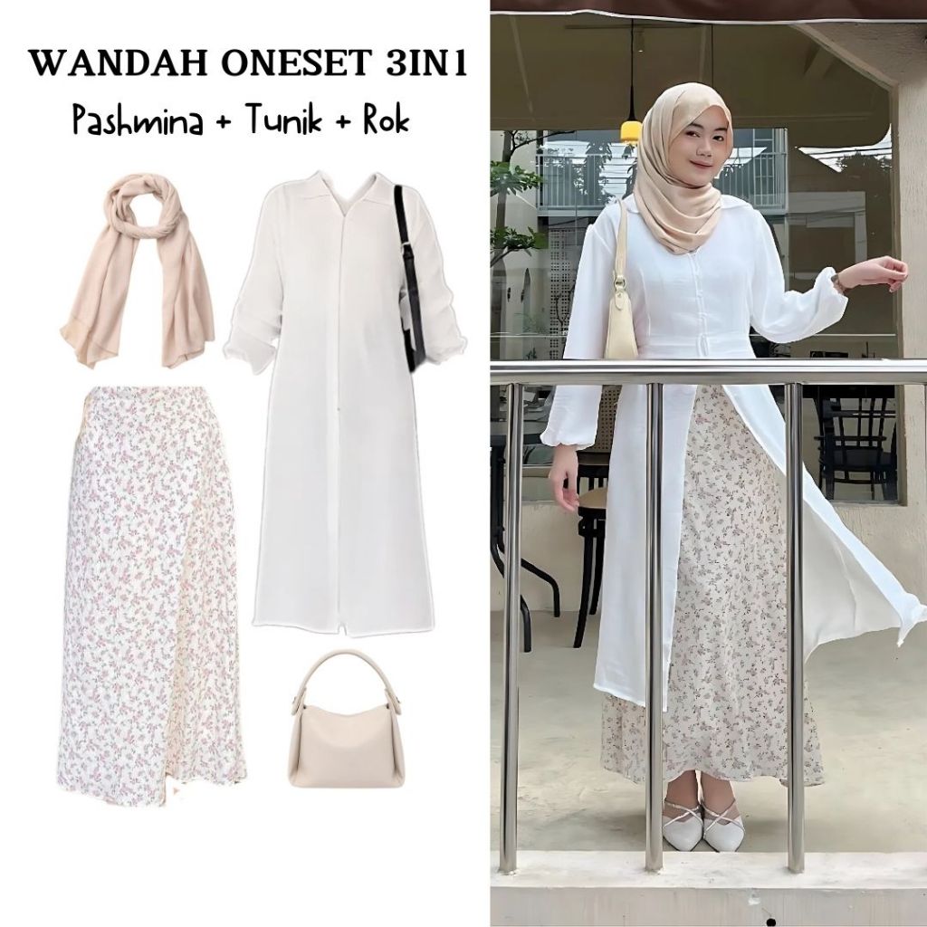 Jual One set 3in1 outer outwear tunik putih panjang rok floral motif ...