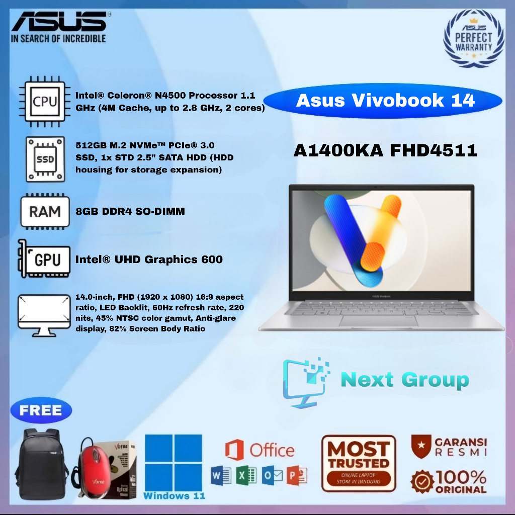 Jual Asus Vivobook 14 A1400KA FHD4511/Celeron N4500/8GB/512GB SSD/14 ...