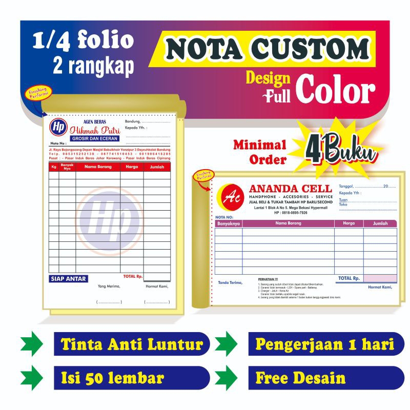 Jual Nota Kontan Custom full color Gratis desain ukuran 1/4 folio 2 ...