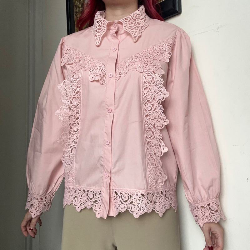 Jual Elena Top atasan kemeja wanita kerja katun renda korean style by biel the label | Shopee ...