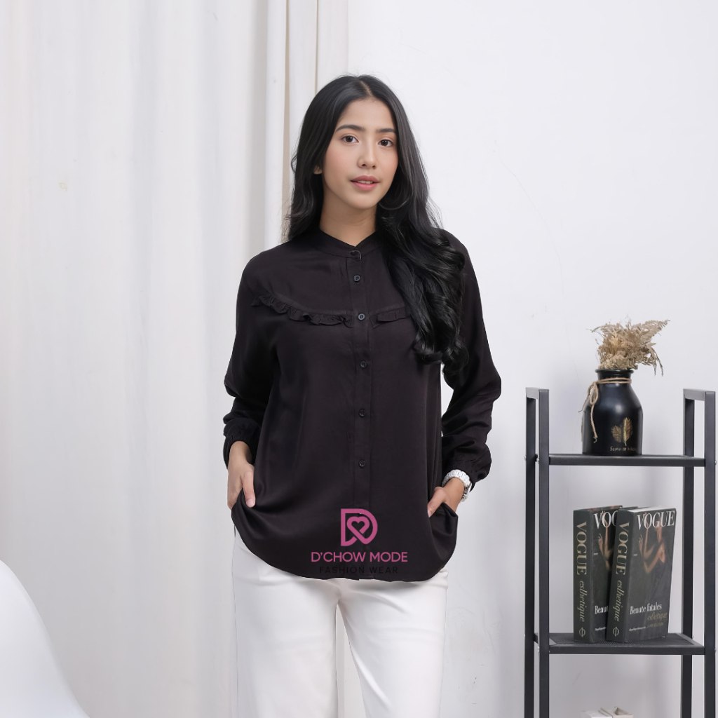 Jual Jennie blouse polos kemeja wanita lengan panjang rayon twill ruffle depan | Shopee Indonesia