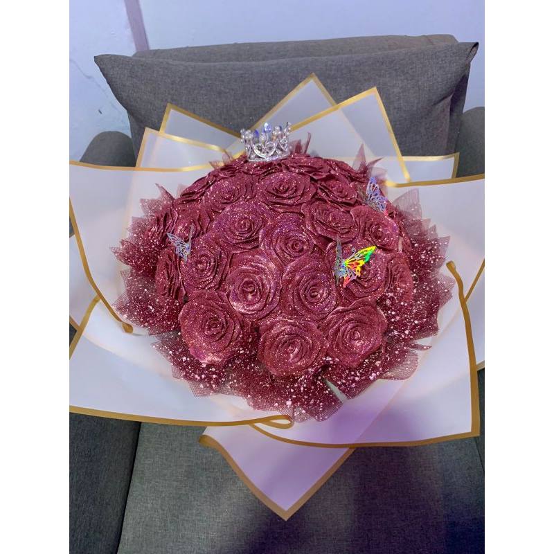 Jual Buket bunga warna PINK mewah bahan satin gliter premium hadiah ...