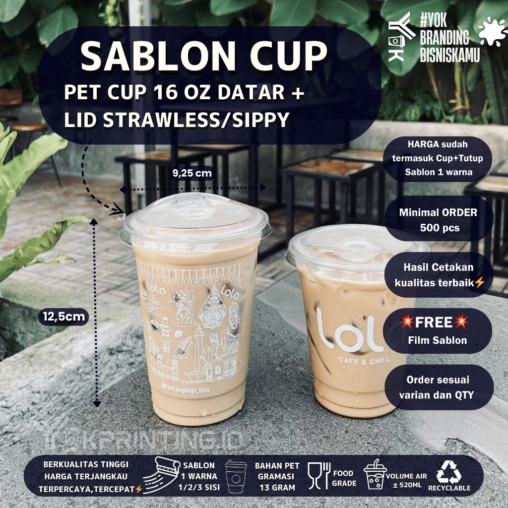 Jual Sablon cup PET 16/18 oz Datar Custom Cup/Gelas PET + lid Tutup ...