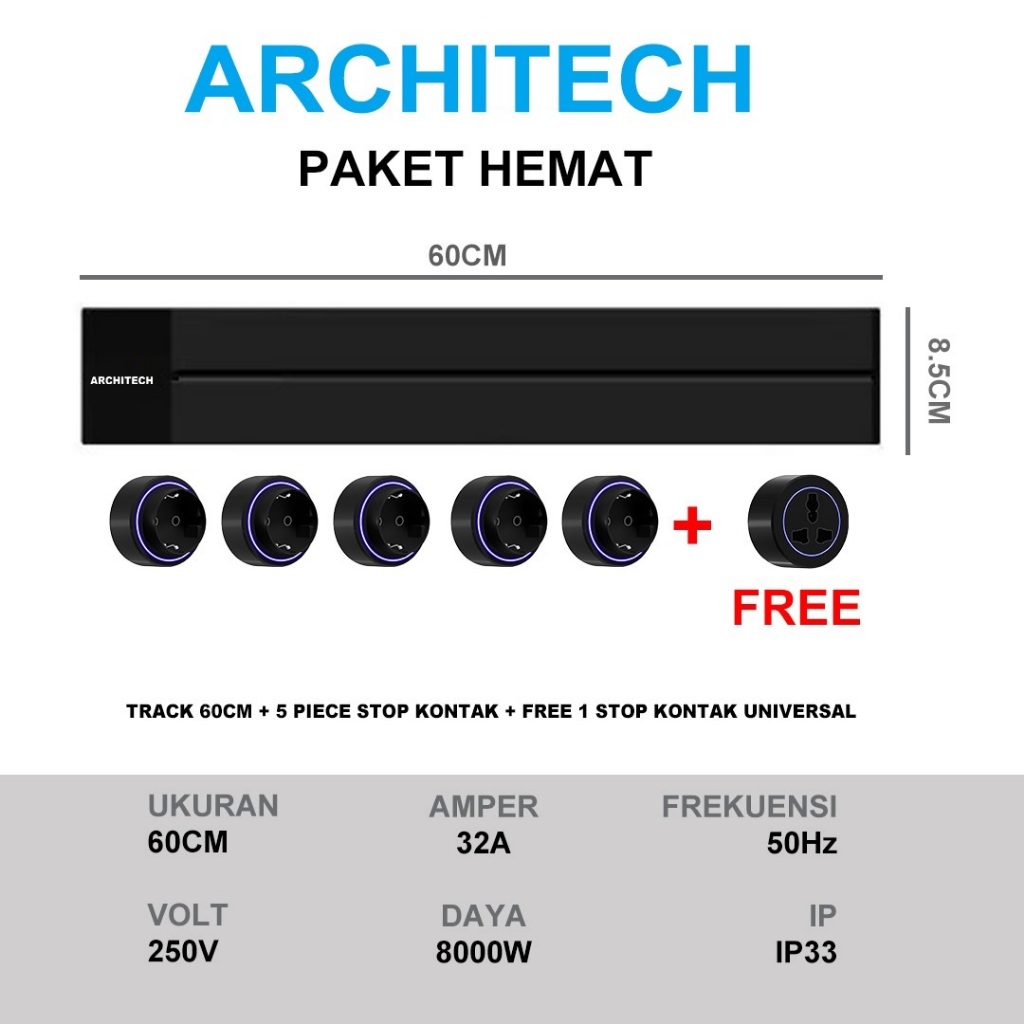 Jual ARCHITECH PAKET HEMAT TRACK Stop Kontak/Track Socket 40cm/60cm ...