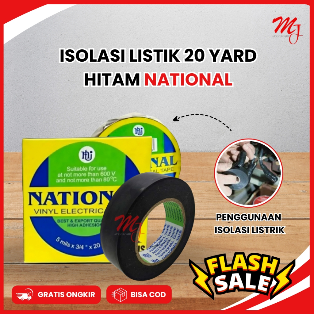 Jual Isolasi Listrik PVC Hitam Vinyl Electrical Tape NATIONAL 20 yard ...