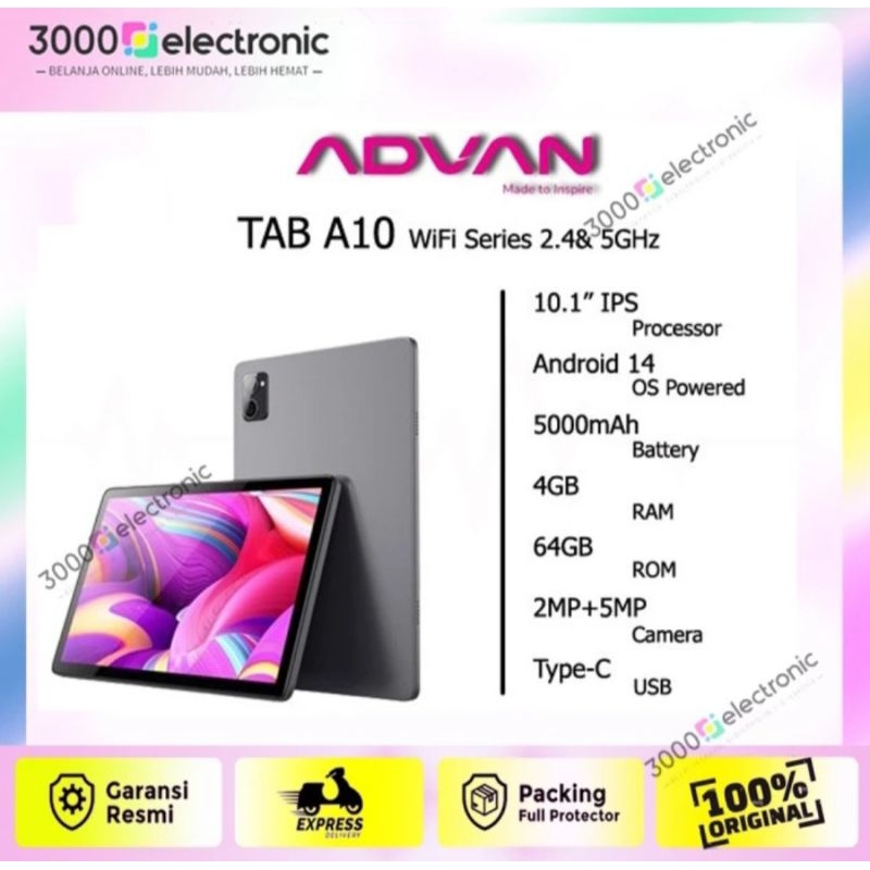 Jual Advan Tab A10 Wifi Only Ram 4/64GB Layar 10,1 inch Android 14 ...