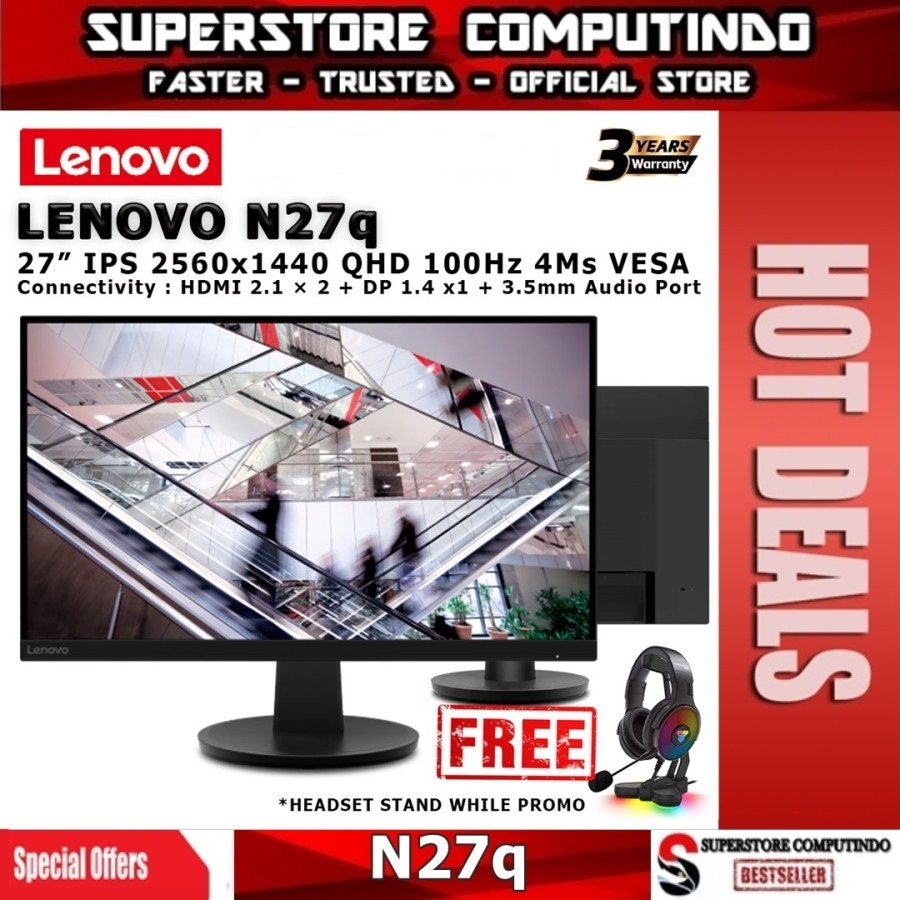 Jual Monitor LED Lenovo N27q 27" IPS 1440p 2K QHD 100Hz HDMI 2.1x2 DP 1 ...