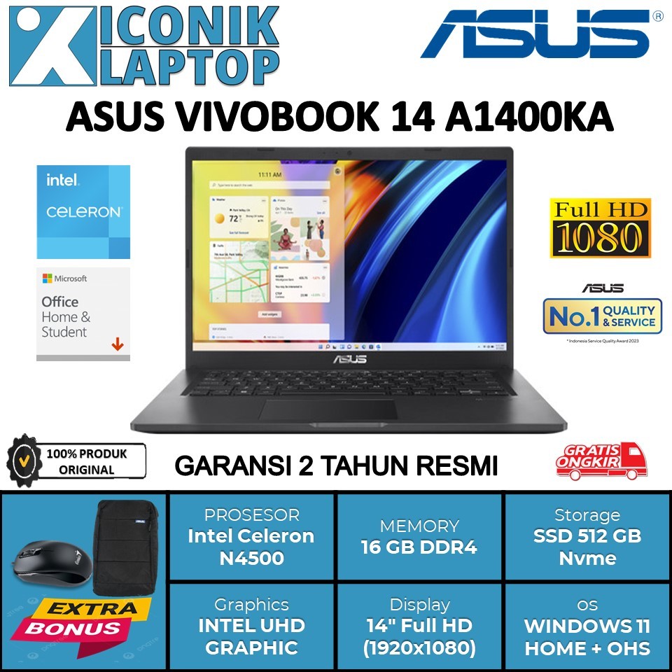 Jual Laptop Asus VIVOBOOK 14 A1400KA Intel N4500 Ram 8 GB Ssd 512 GB ...