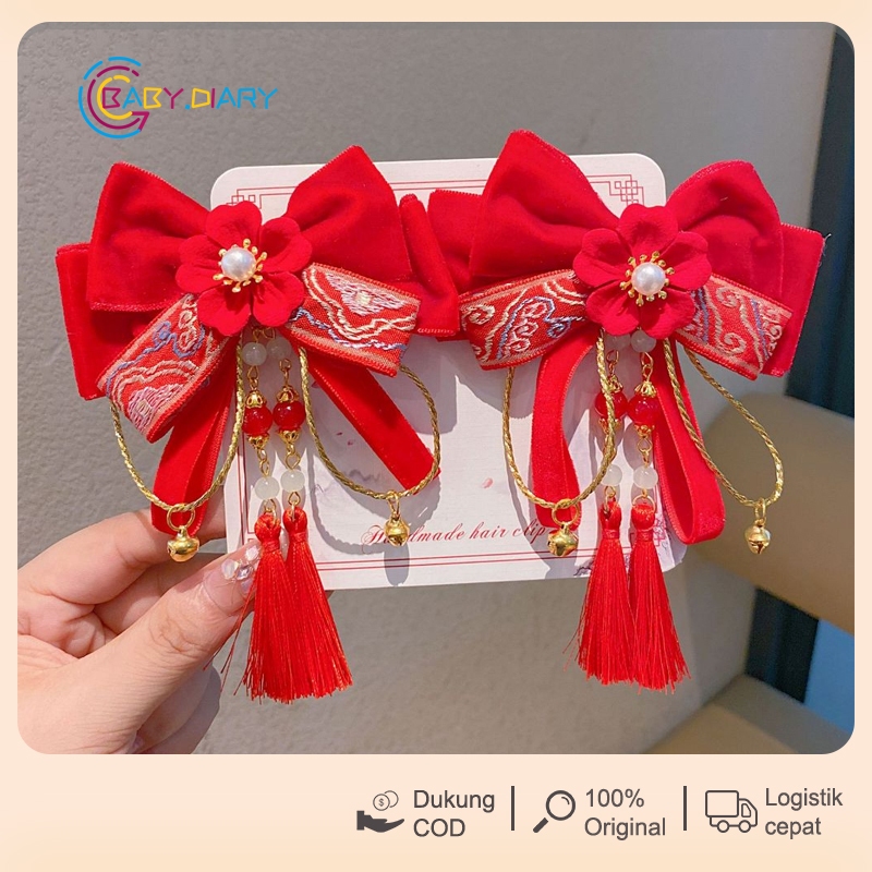 Jual 2025 Tahun Baru sepasang klip merah meriah / gadis-gadis membungkuk jepit rambut rumbai ...