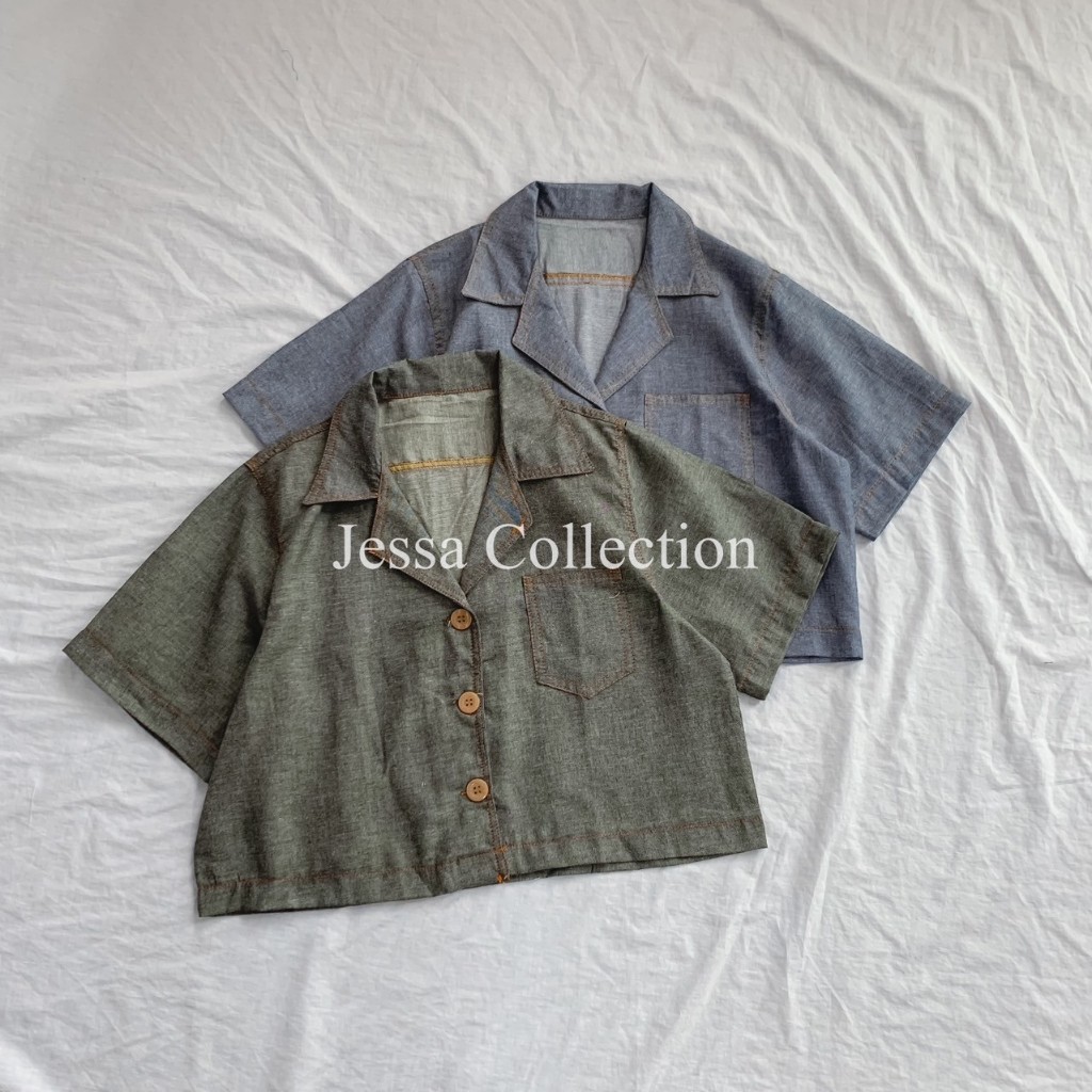 Jual Kemeja Crop Top Denim Sheyi FG Kemeja Wanita Kancing Lengan Pendek Casual | Shopee Indonesia