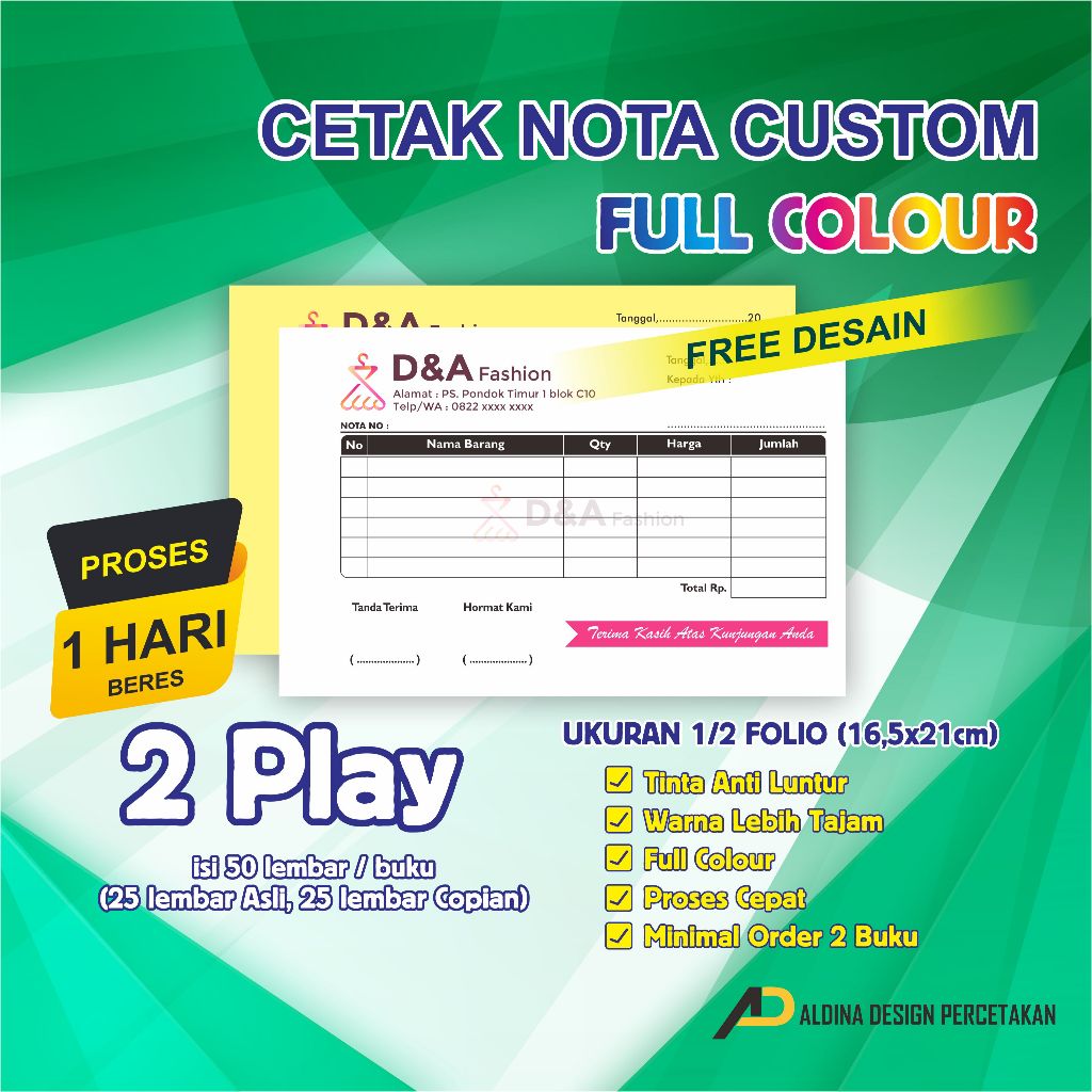 Jual Nota 1/2 Folio 2 Ply Custom Nama Toko, Full Colour, Gratis desain ...