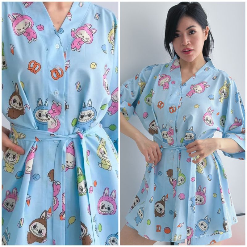 Jual PIYAMA Bajutidur/ Kimono 1Set + tali "LABUBU BLUE" | Shopee Indonesia