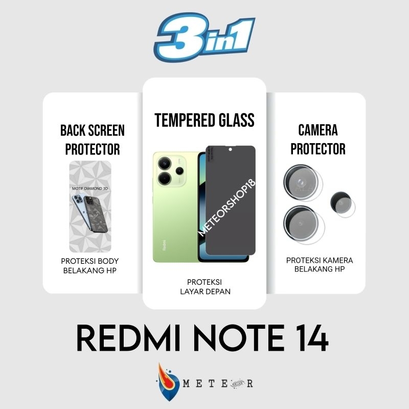 Jual REDMI NOTE 14 PAKET 3 IN 1 ANTI GORES TEMPERED GLASS SKIN DIAMOND ...