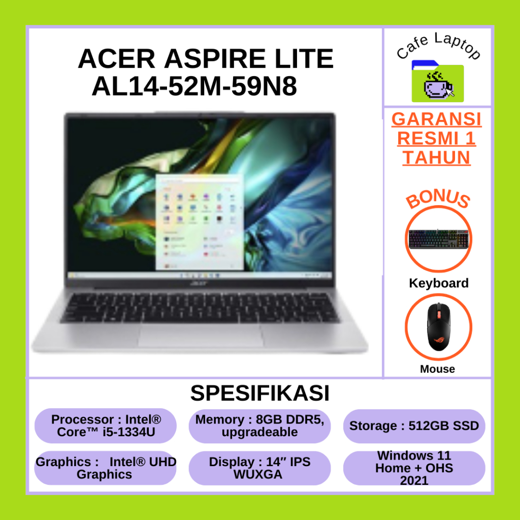 Jual Acer Aspire Lite AL14-52M-59N8 Intel Core i5-1334U 8GB 512GB SSD 14″ WUXGA IPS1Win 11 Home ...