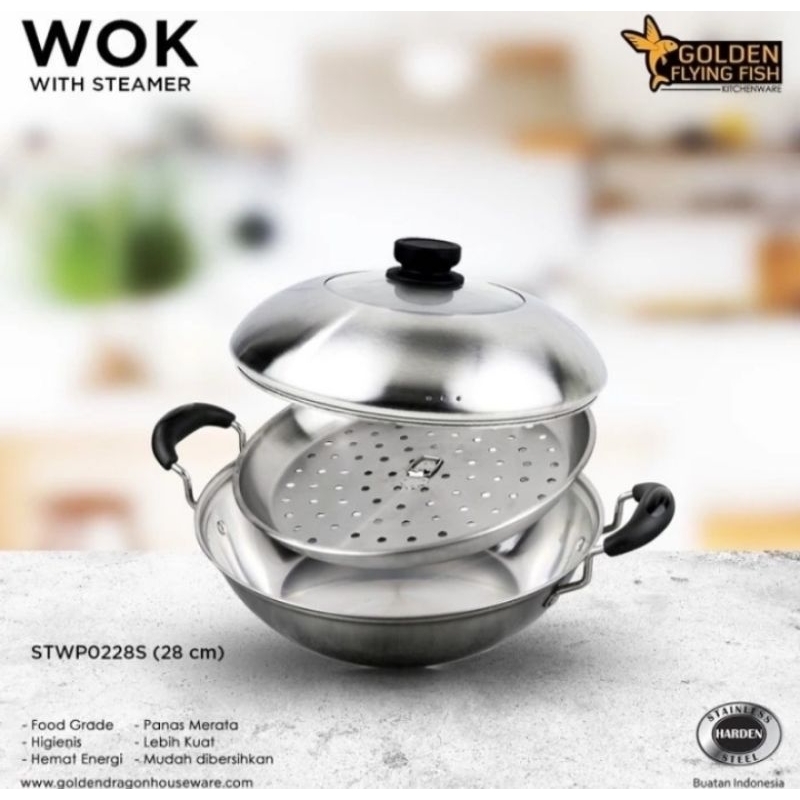 Jual Panci Wok Pan plus Steamer 28cm • Panci Stainless Golden Flying ...