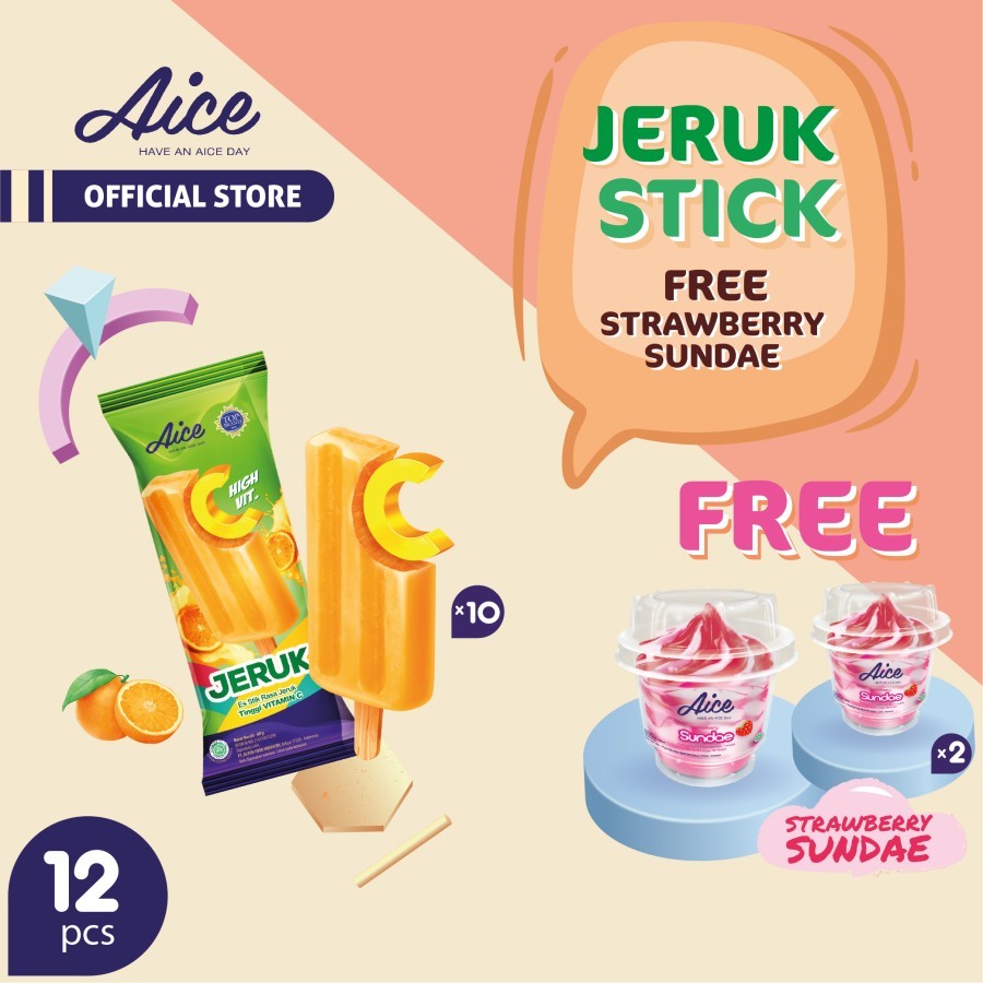 Jual Paket Aice Ice Cream Jeruk Stick Free Strawberry Sundae Isi 12 pcs ...