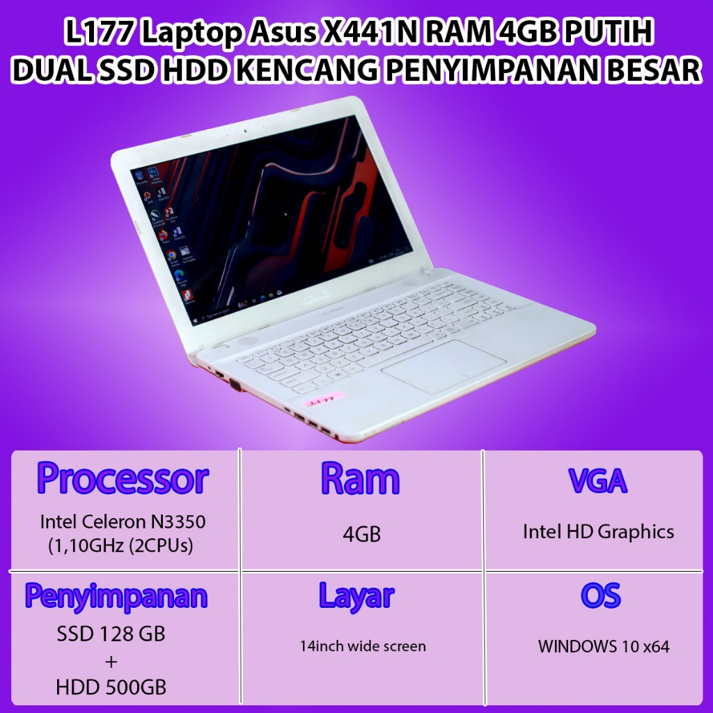 Jual L177 Laptop Asus X441N RAM 4GB PUTIH SUDAH DUAL SSD HDD KENCANG ...