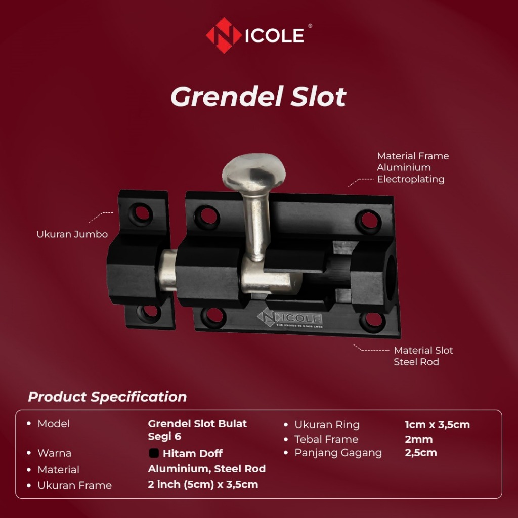 Jual Nicole Grendel Slot Pintu Bulat Segi 6 / Hexagon Door Bolt Black ...