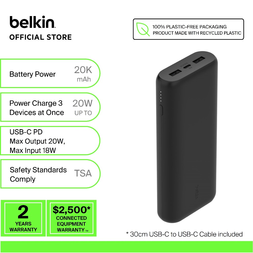 Jual Belkin BPB014BTBK BoostCharge 3-Port Compact Power Bank 20K with ...