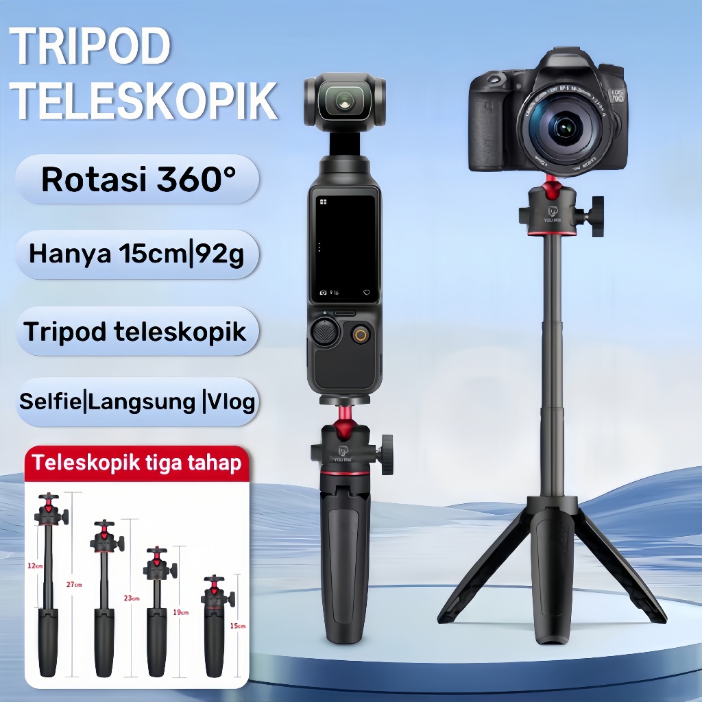 Jual Tripod mini Extendable Vlog Tripod Selfie Stick 27CM Ball Head ...