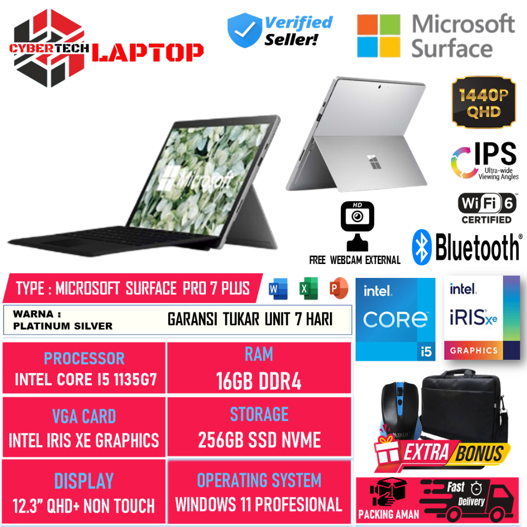 Jual Laptop Microsoft Surface Pro 7 Plus Intel Core i5 1135G7 16GB 256GB SSD 12.3 Inch Windows ...