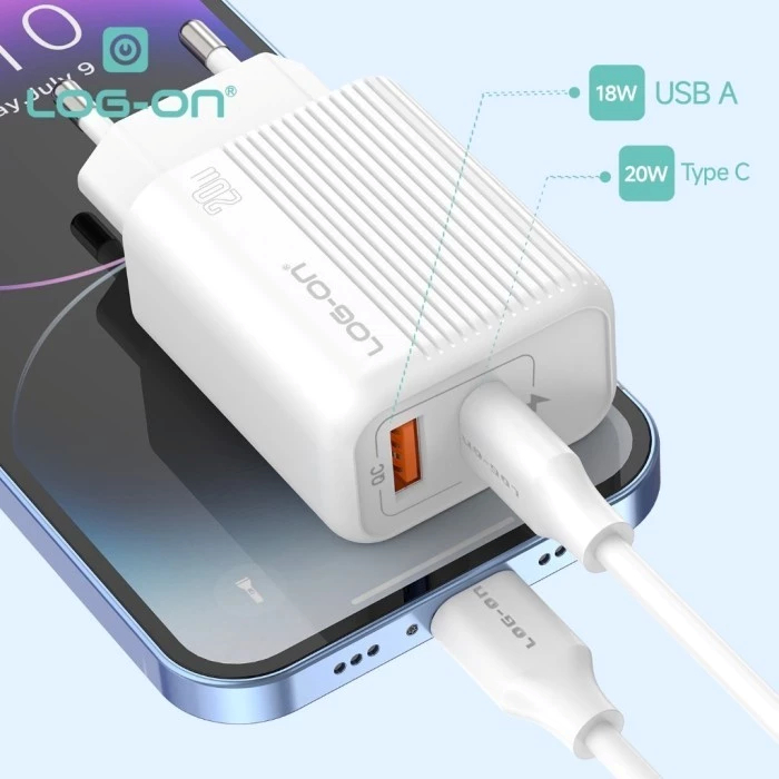Jual Charger Log On LO-C58 20W Dual Port PD3.0+QC Fast Chargin Type C ...