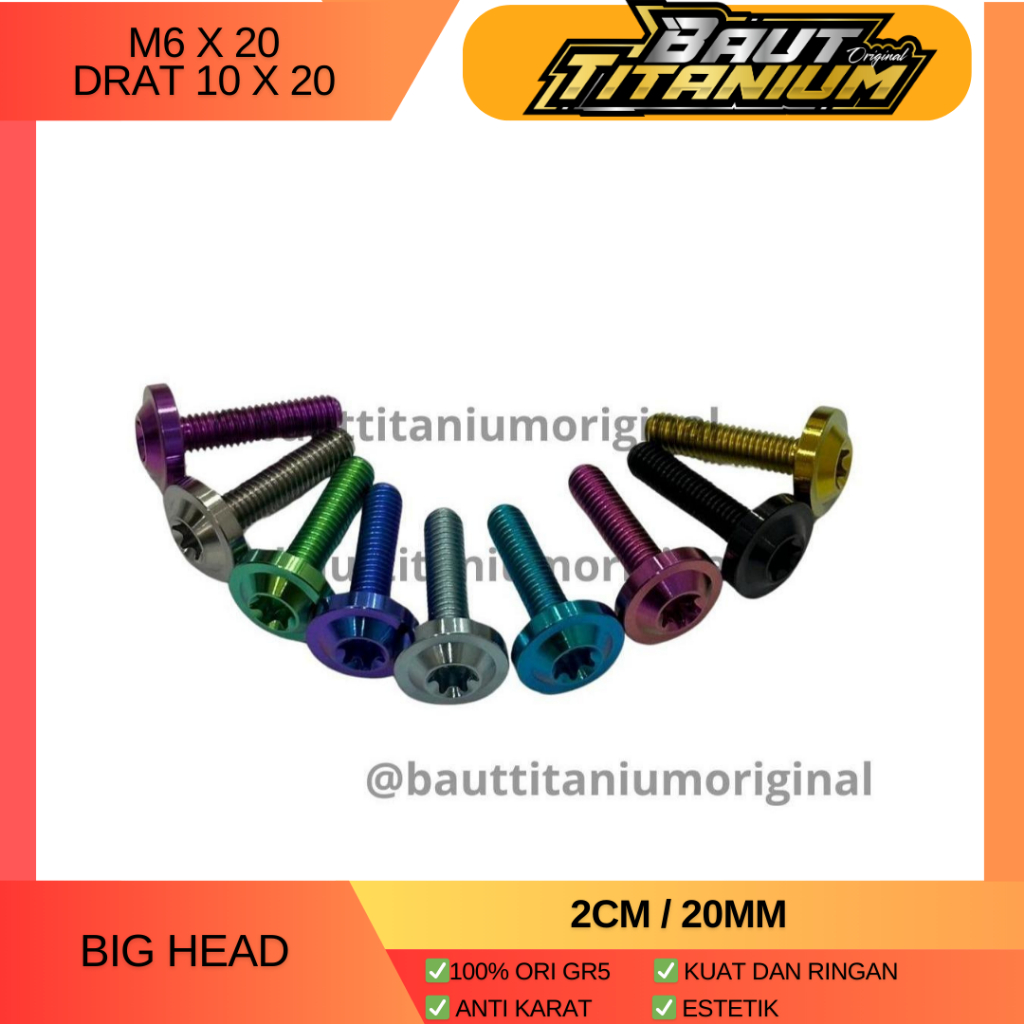 Jual Baut Titanium Gr5 M6x20 Drat 10 x 20 Big Head | Shopee Indonesia