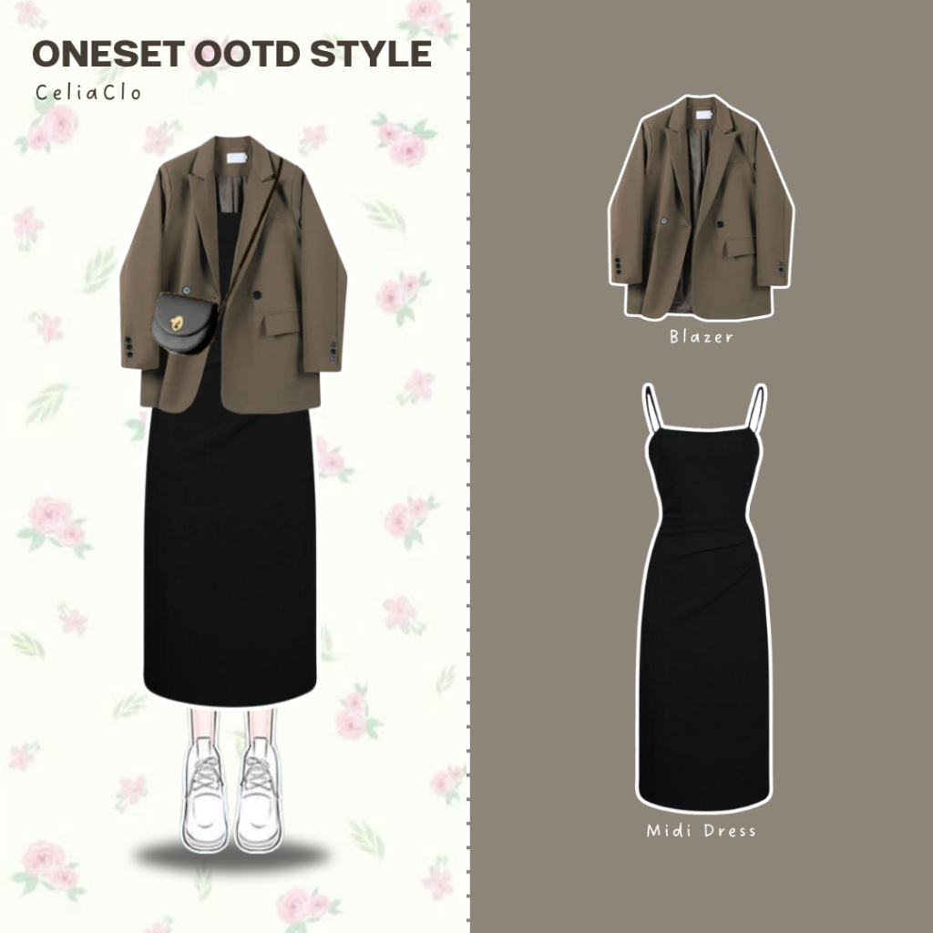 Jual CeliaClo Outfit set wanita 2in1 (midi dress blazer) one set ootd 1 ...