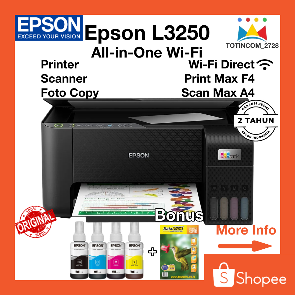 Jual Printer Epson L3250 3251 Wifi Print F4 Scan A4 Copy Tinta 4 buah Original 3250 l3251 ...