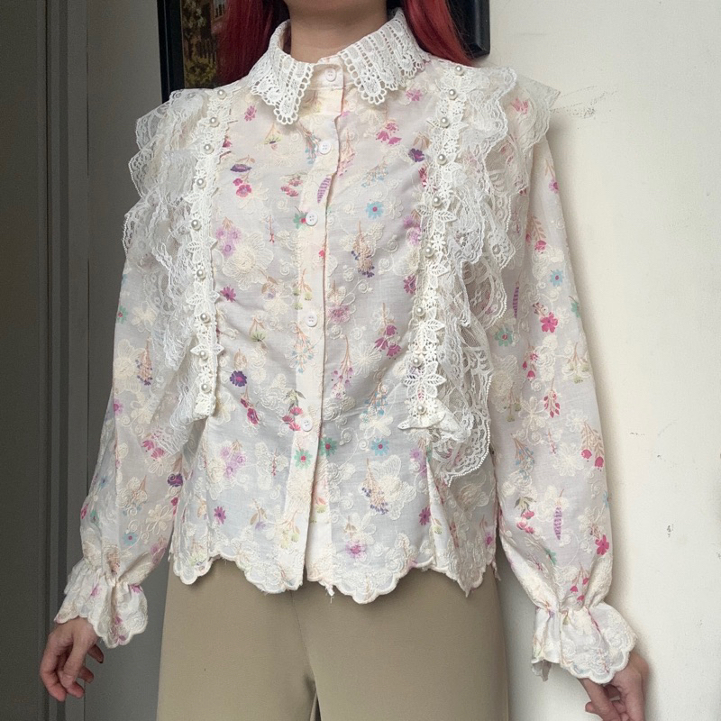 Jual Angela Top BKK atasan kemeja blouse katun bordir renda lace korean style by biel the label ...