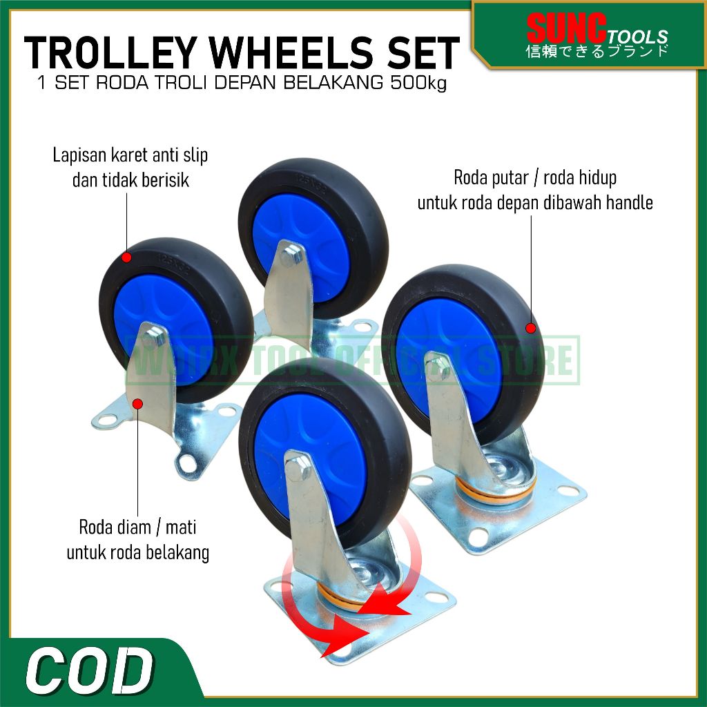 Jual Roda Troli 5 inci 500kg 1 Set Heavy Duty Roda Ban Troly Trolley ...