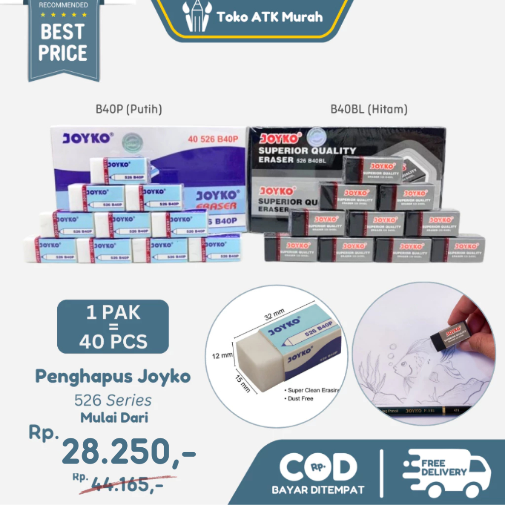 Jual Penghapus Joyko 526 B40BL Hitam / 526 B40P Putih 1 Pak 40 pcs Penghapus Karet | Shopee ...