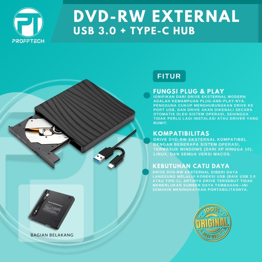 Jual Dvd-Rw External Usb 3.0 + Type-C Hub Original Profftech | Shopee ...
