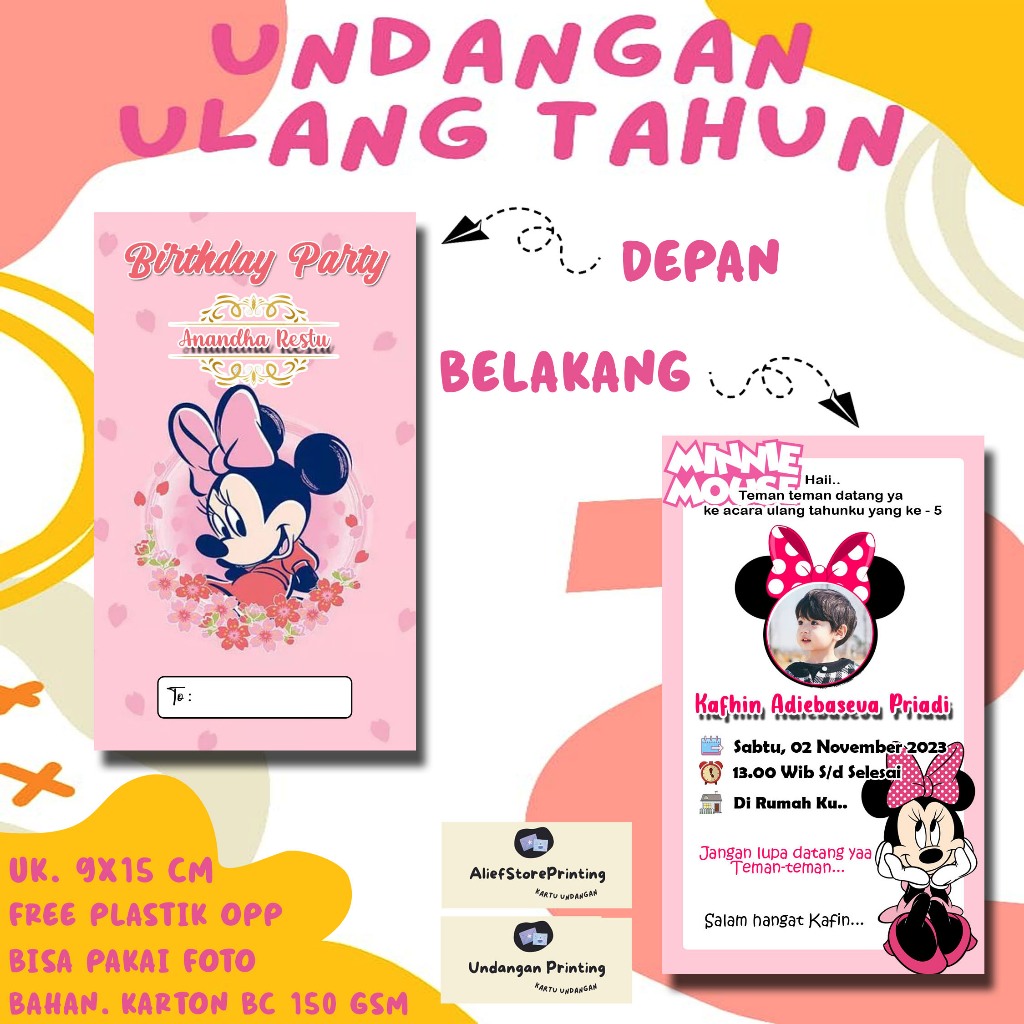 Jual Undangan ulang tahun MINNIE MOUSE PINK ( 30 PCS / 50 PCS ...