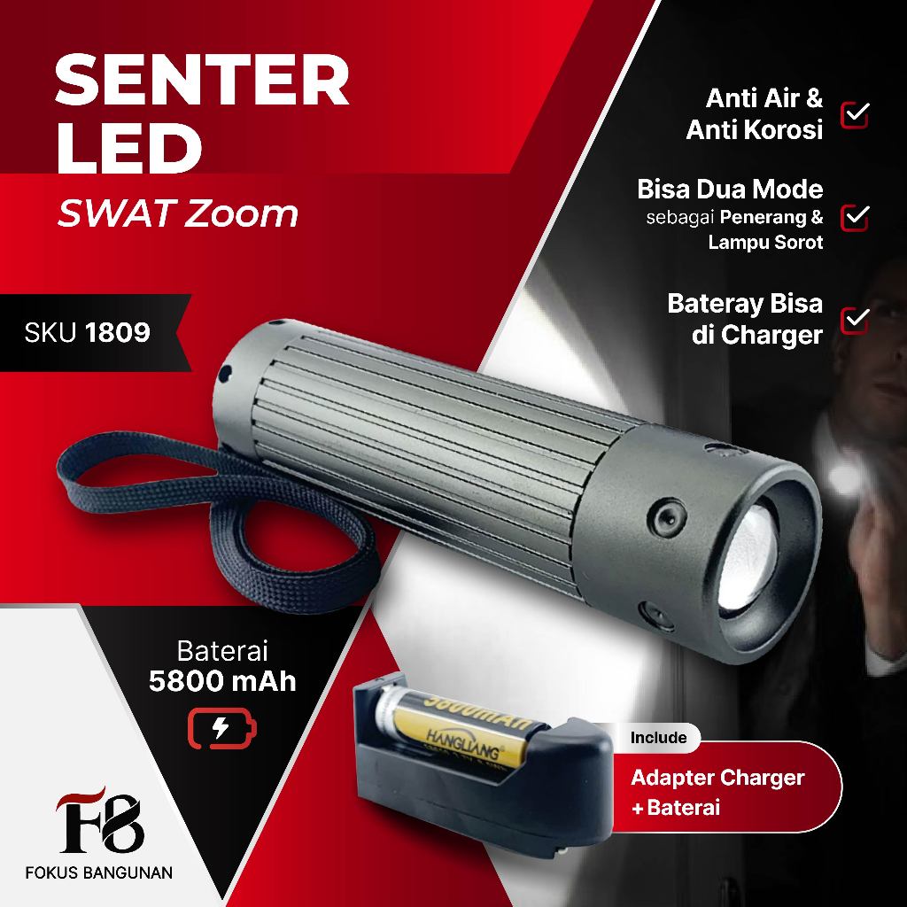 Jual Paket Senter LED Super Terang Rechargeable MODE KEDIP ZOOM Senter ...