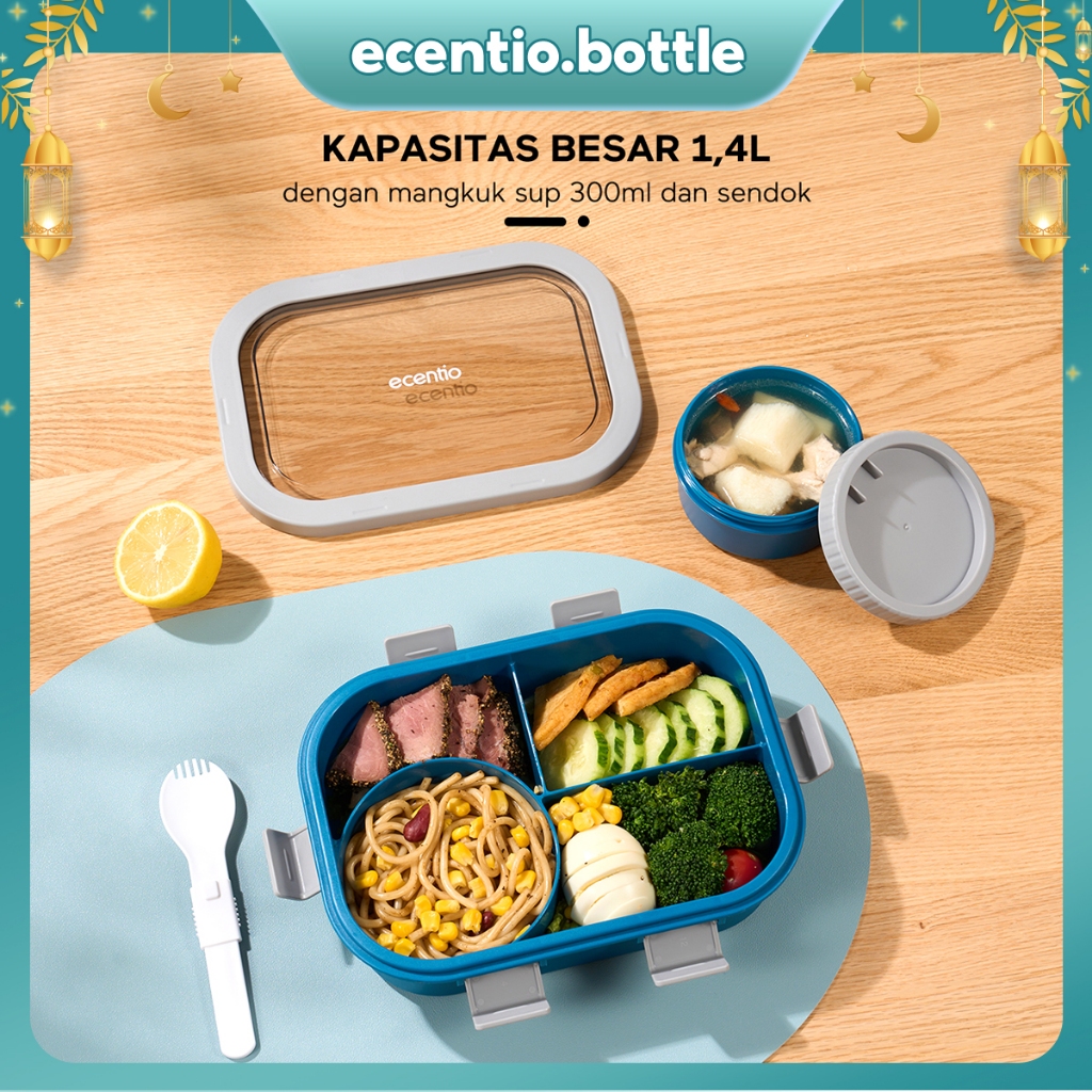 Jual ecentio tempat makan anti tumpah lunch box 1400ml 4 sekat Kotak Bekal dengan mangkuk sup ...