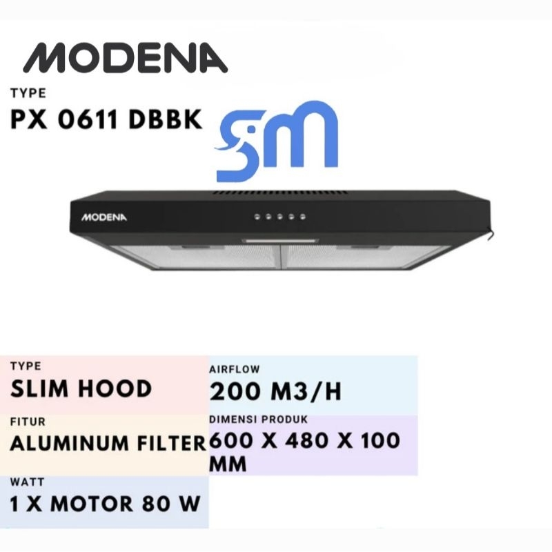 Jual Cooker Hood Modena PX-0611 DBBK Slim Hood Penghisap asap PX0611DBBK 60 cm | Shopee Indonesia