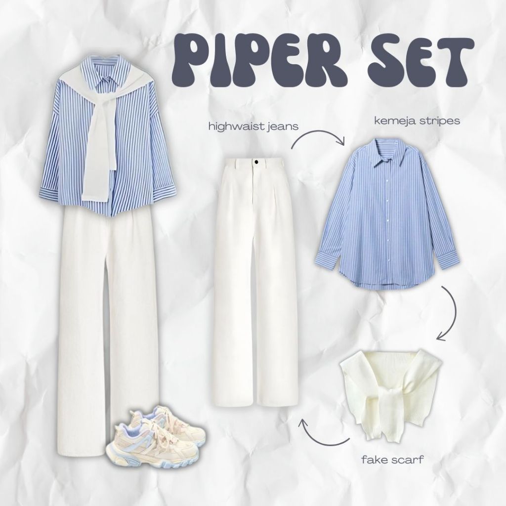 Jual One Set Korean Style | Kemeja Stripe Biru Scarf Collar Loose Pants ...