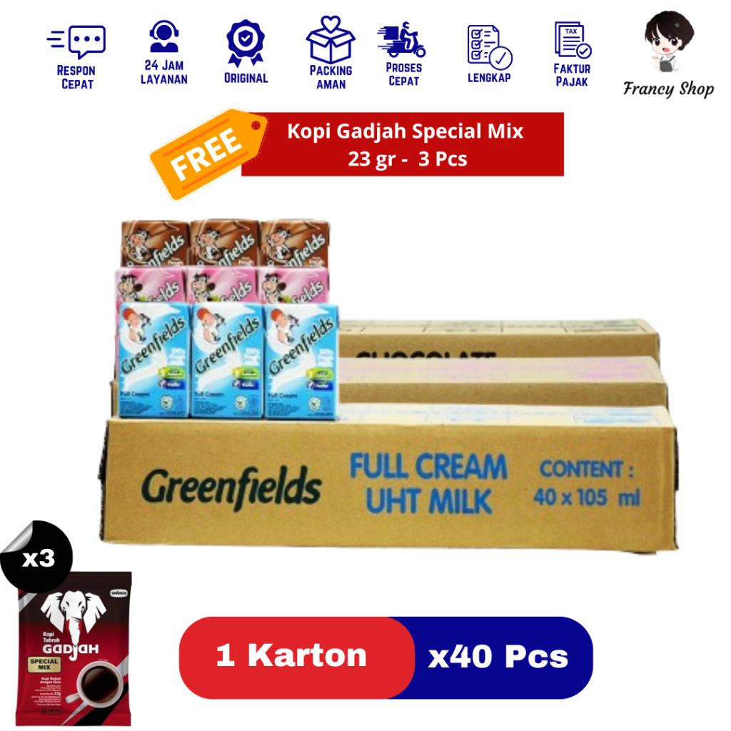 Jual Paket Murah Susu UHT Greenfields Full Cream Milk / Strawberry Milk / Chocolate Milk 105ml ...