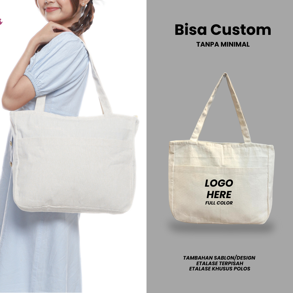 Jual Tote bag polos 2kantong wanita kanvas tebal resleting ( Bisa custom nama / design sablon ...