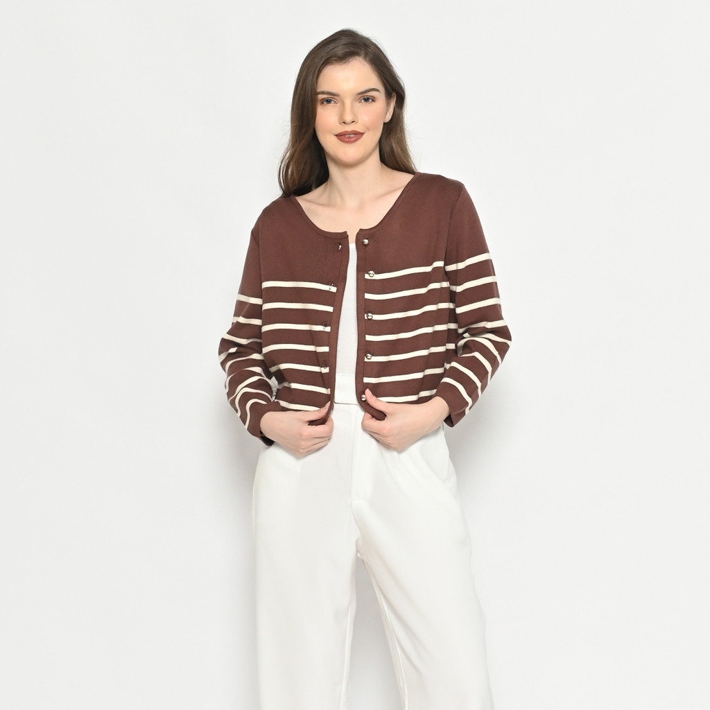 Jual QUEENTIN Cardigan Wanita Rajut Crop 422 Stretch Cashmere Knit Motif Salur Lengan Panjang ...