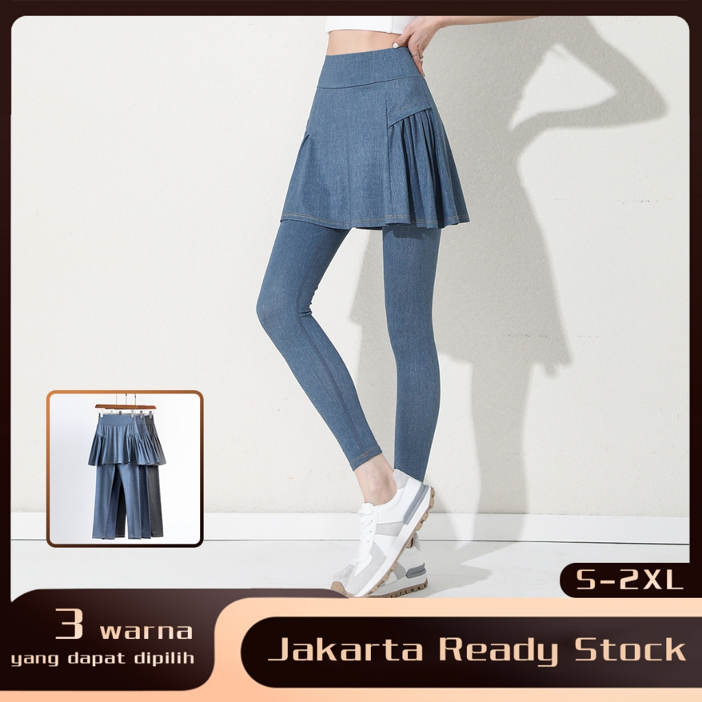 Jual 【Amanoheart】denim imitasi Celana Rok Wanita 2-in-1 Berkantong ...