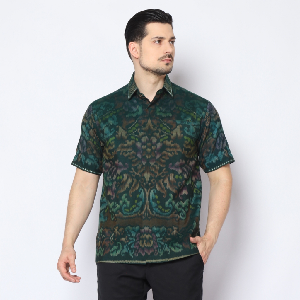 Jual eBoon Kemeja Tenun Ikat Sutra Mastuli Motif Kembang Hijau Aksen ...