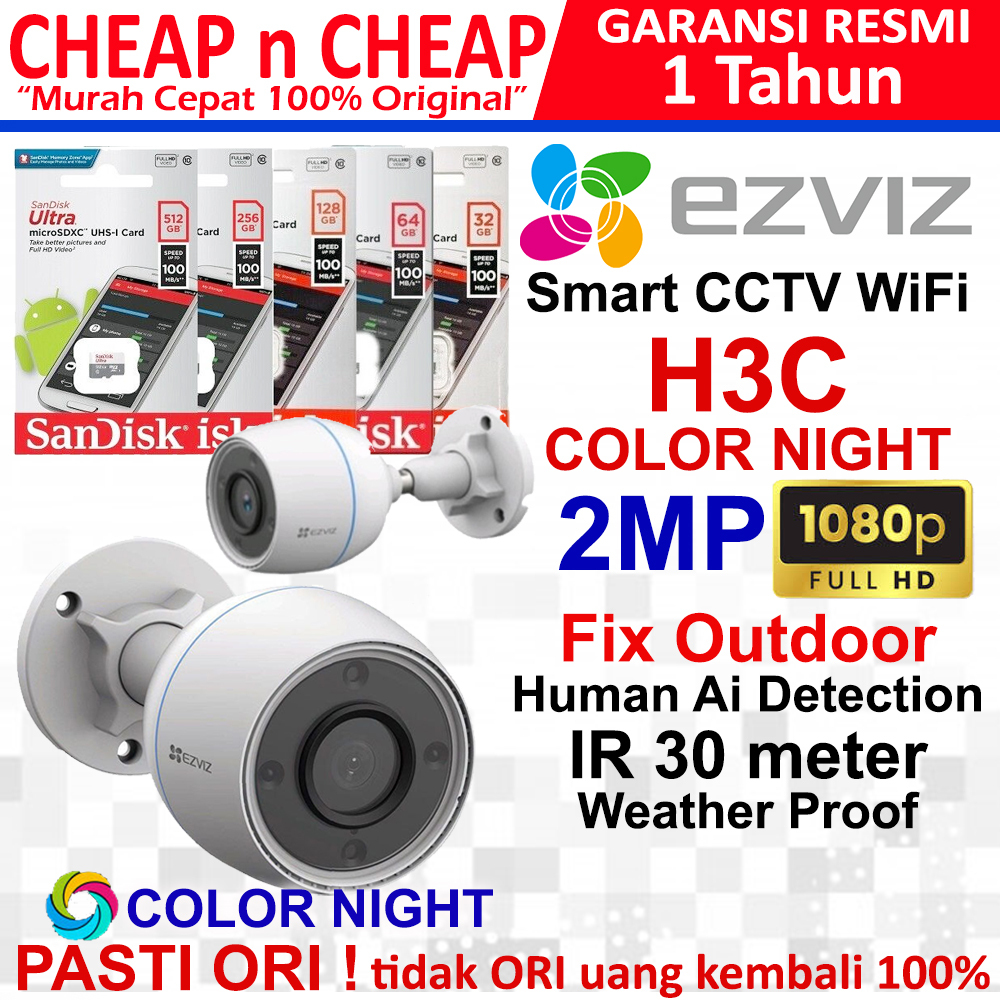 Jual Ezviz H3C 2MP 1080P Color Night Vision Outdoor C3N Smart CCTV Wifi ...
