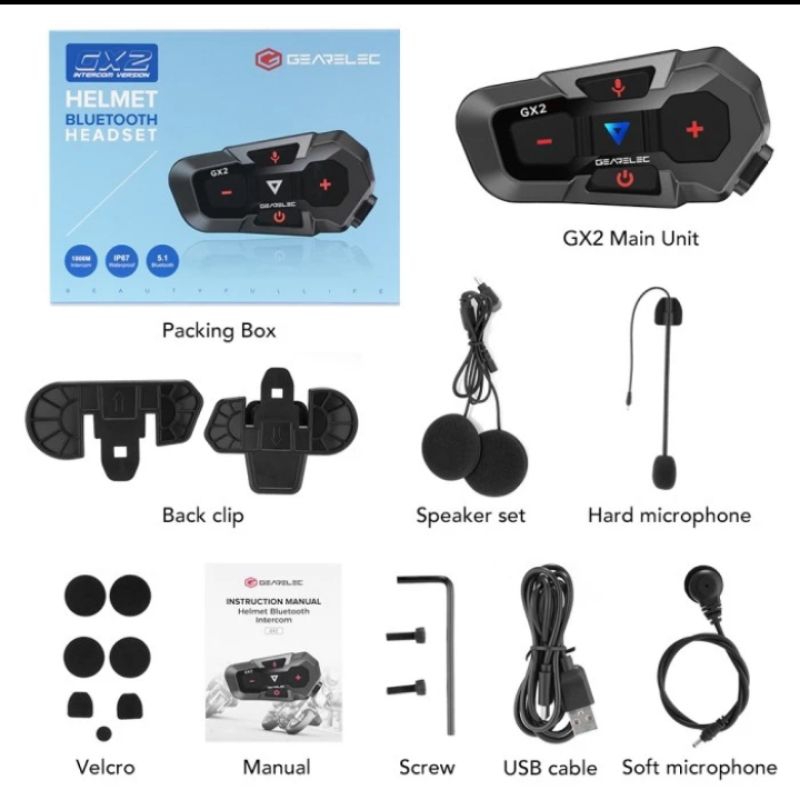 Jual Gearelec Intercom GX2 Helmet bluetooth 5.1support 2riders intercom ...